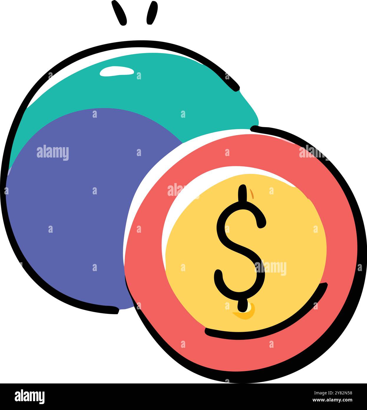 A colorful and playful illustration of a dollar coin with a blue and ...