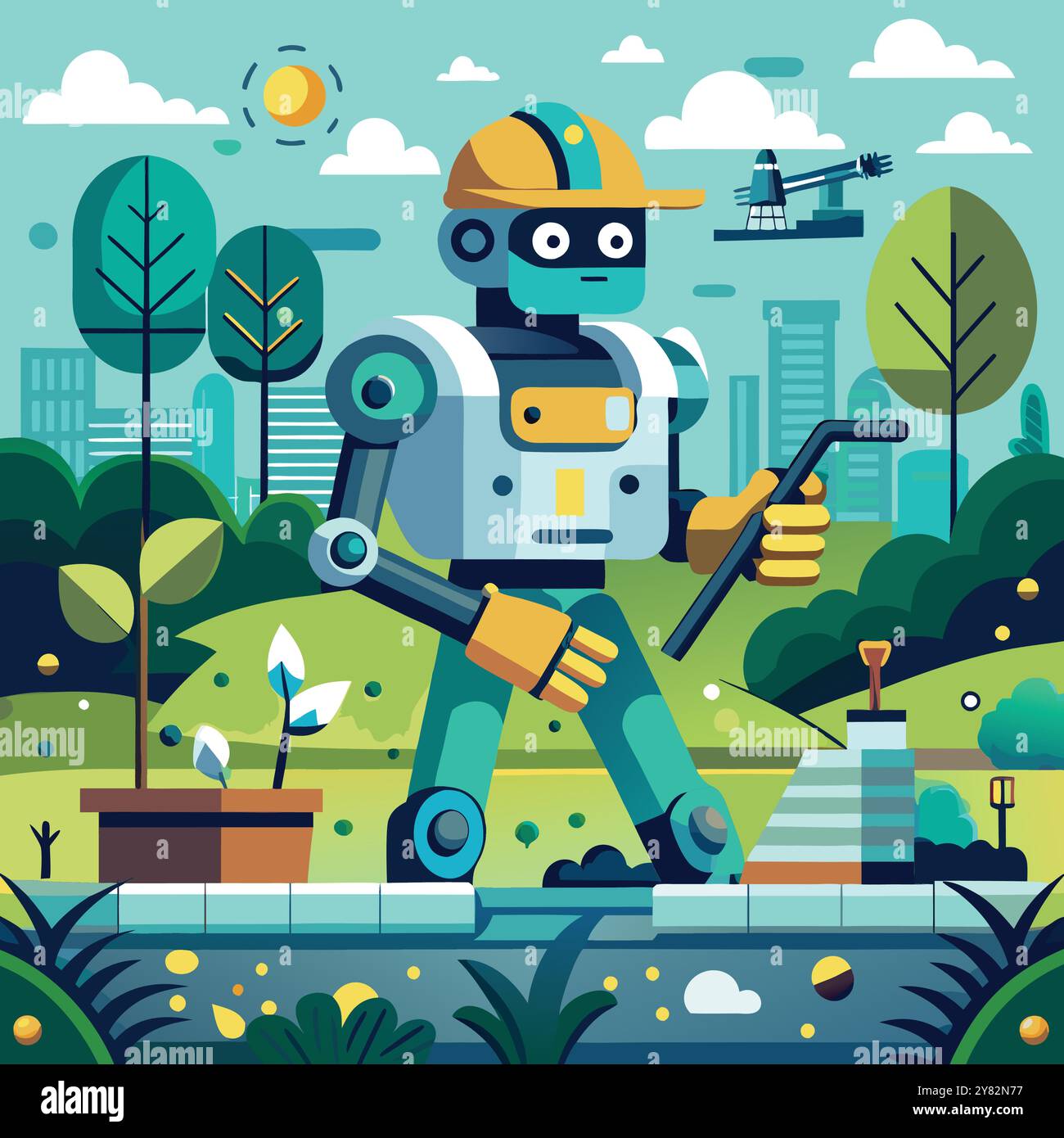 A friendly robot wearing a hard hat walks through a park. symbolizing ...