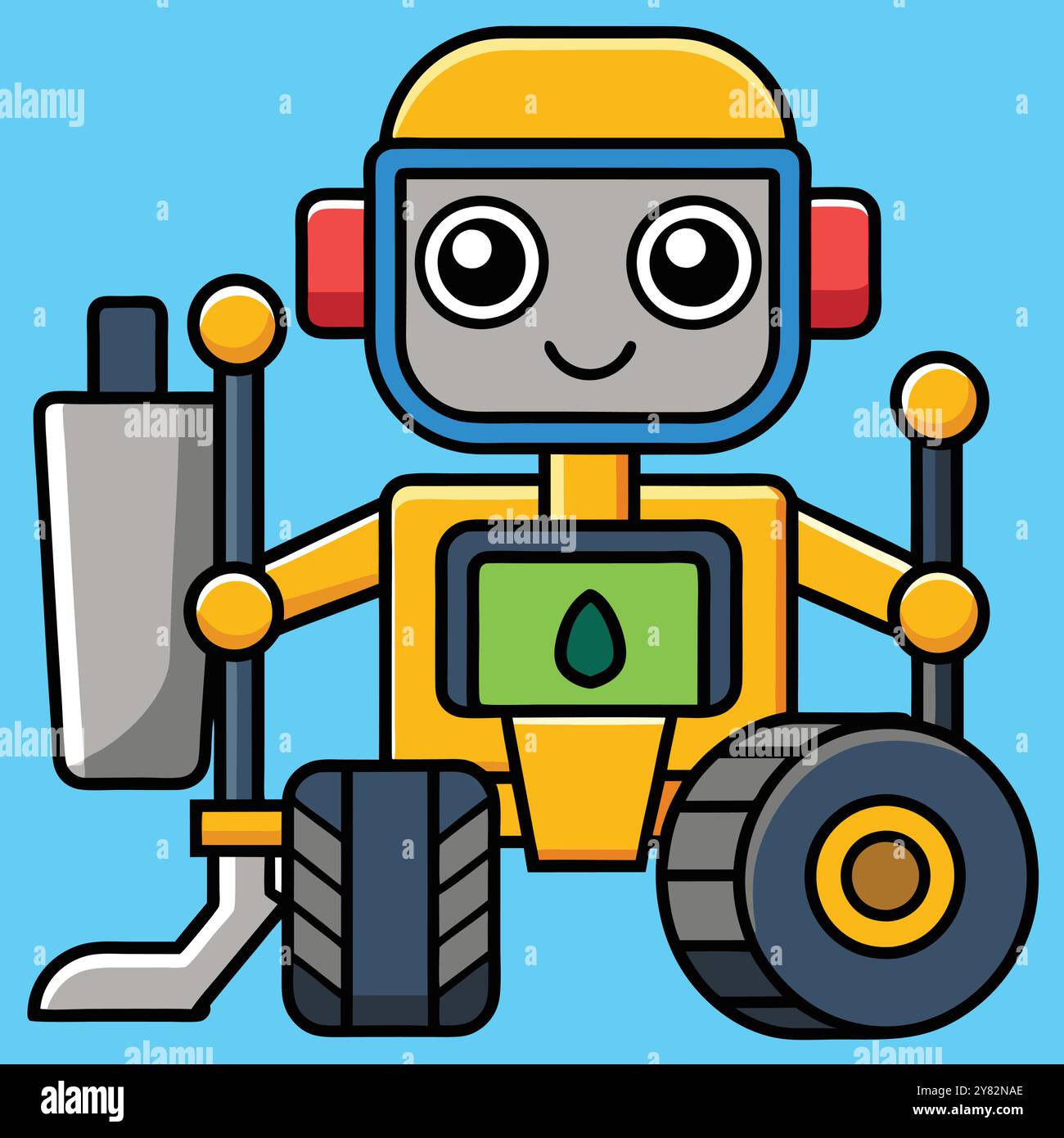 Cute cartoon robot with big wheels. a friendly face. and a water ...