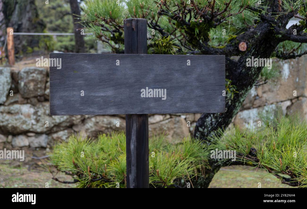 Black wood sign in a garden, japanese pine tree background, empty path ...