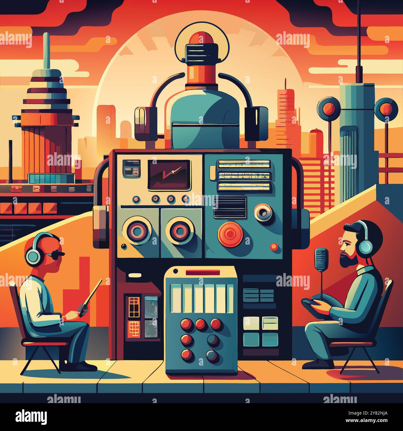 A retro futuristic illustration depicting a radio studio with two ...