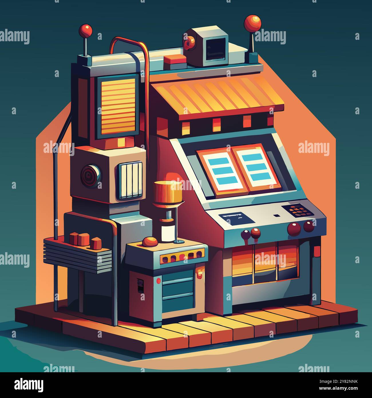 A vibrant. cartoon style illustration of a futuristic vending machine ...