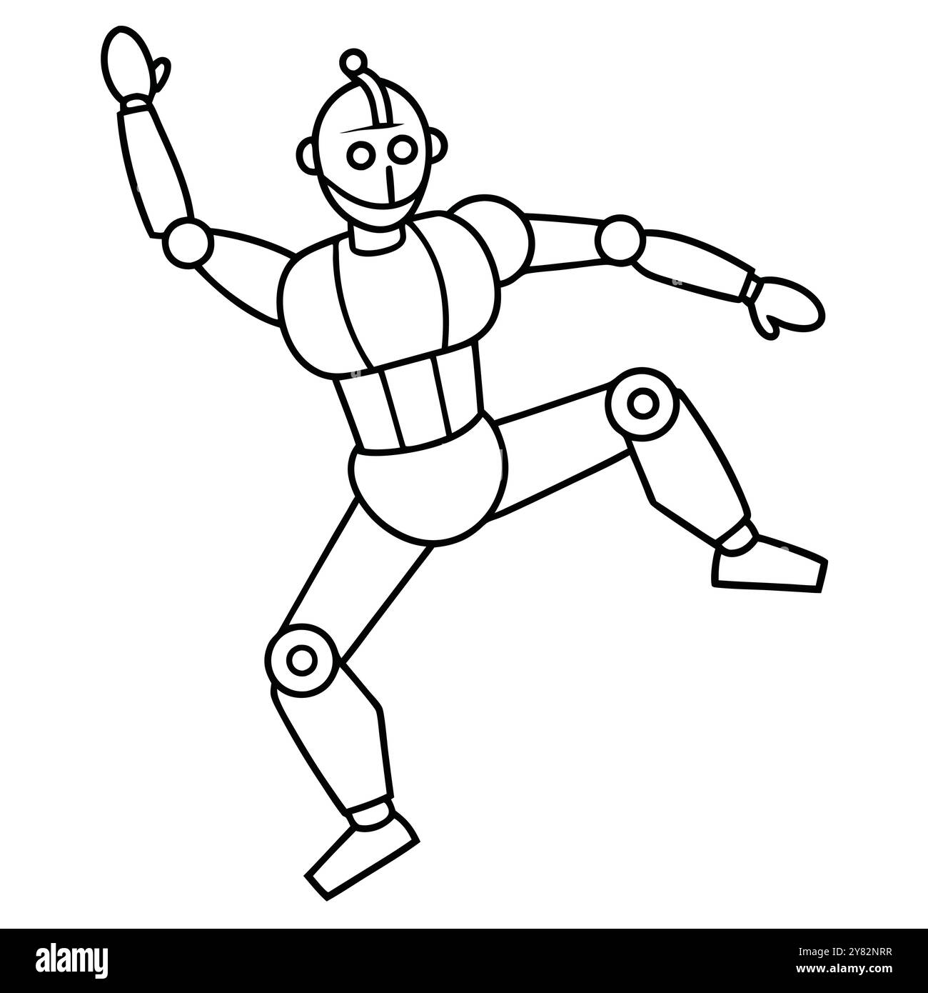 A simple line drawing of a cartoon robot in a jumping pose. The robot ...
