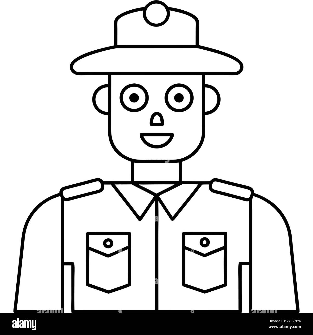 A simple line art illustration of a friendly robot in a uniform ...