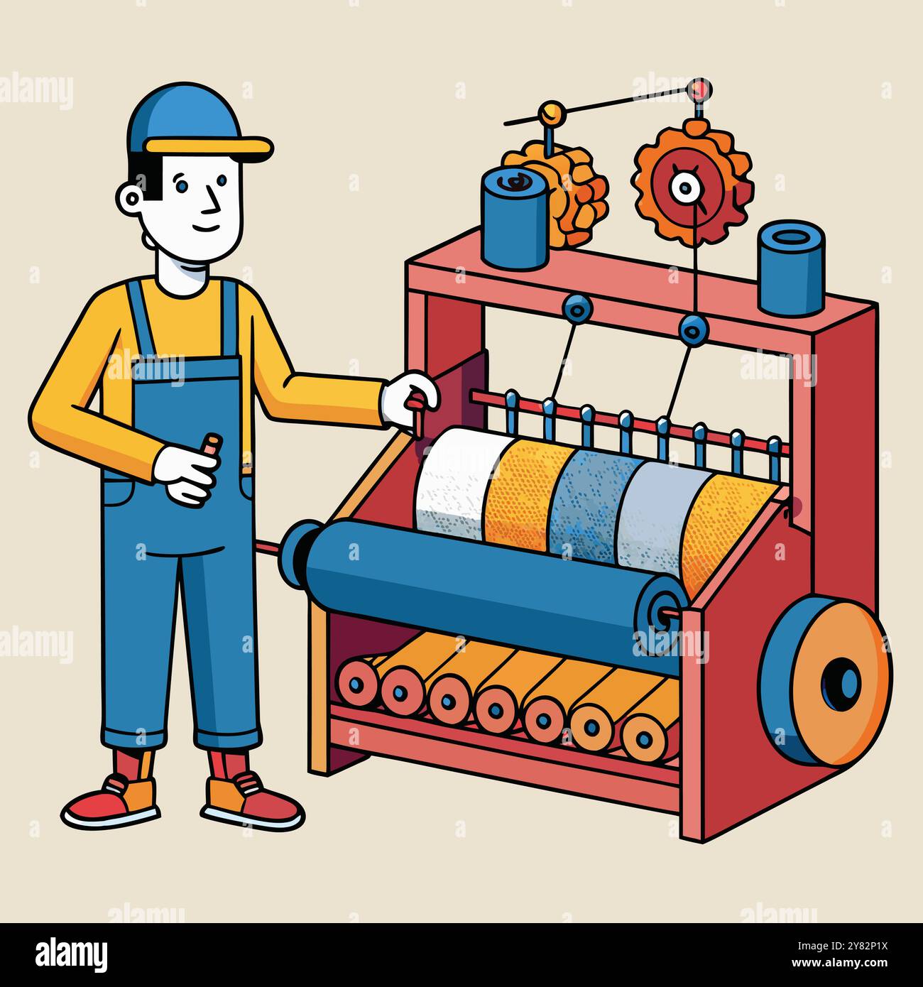 A cartoon illustration of a worker operating a textile machine with ...