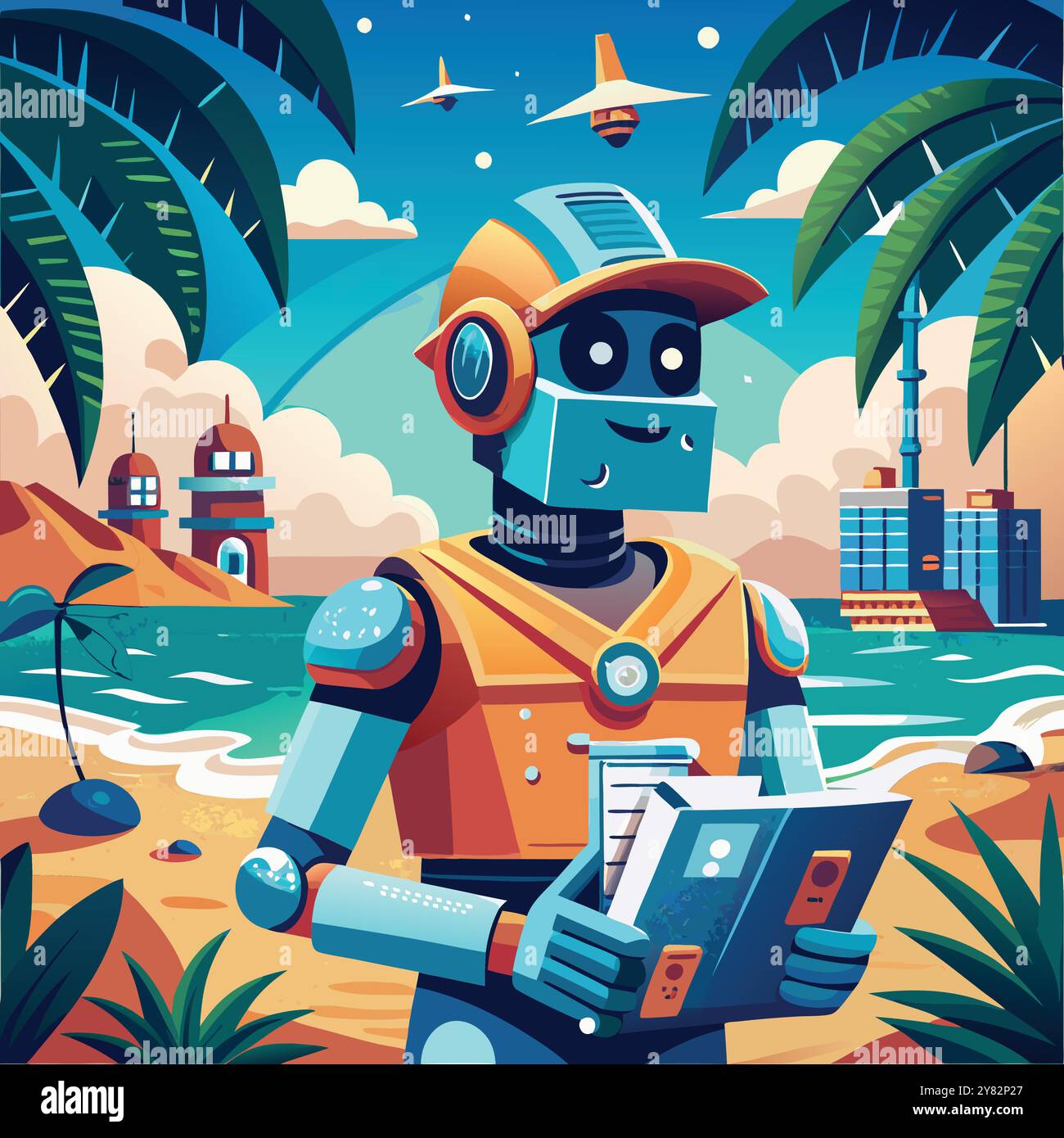 A friendly cartoon robot on a tropical beach. holding a book and ...