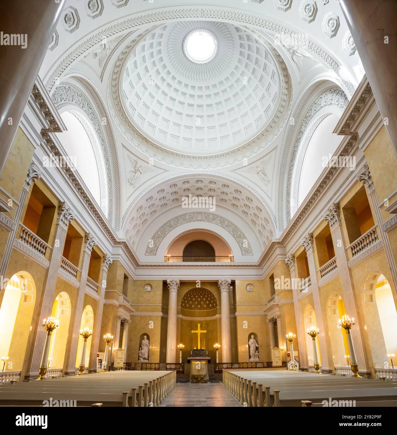Interior of the nave and dome of Christiansborg Palace Chapel in a neo ...