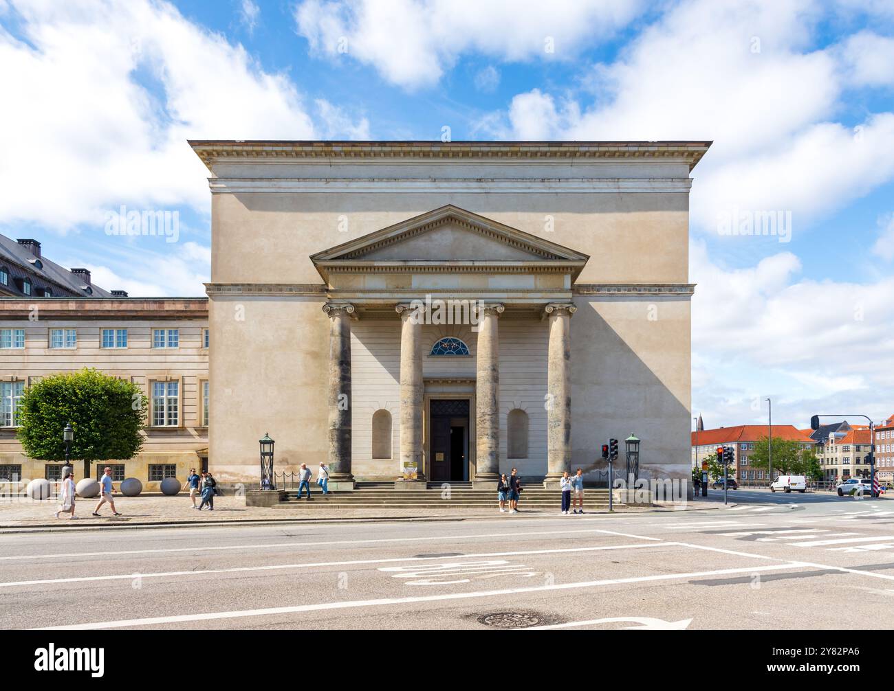 Facade with portico of the Christiansborg Palace Chapel in a neo ...