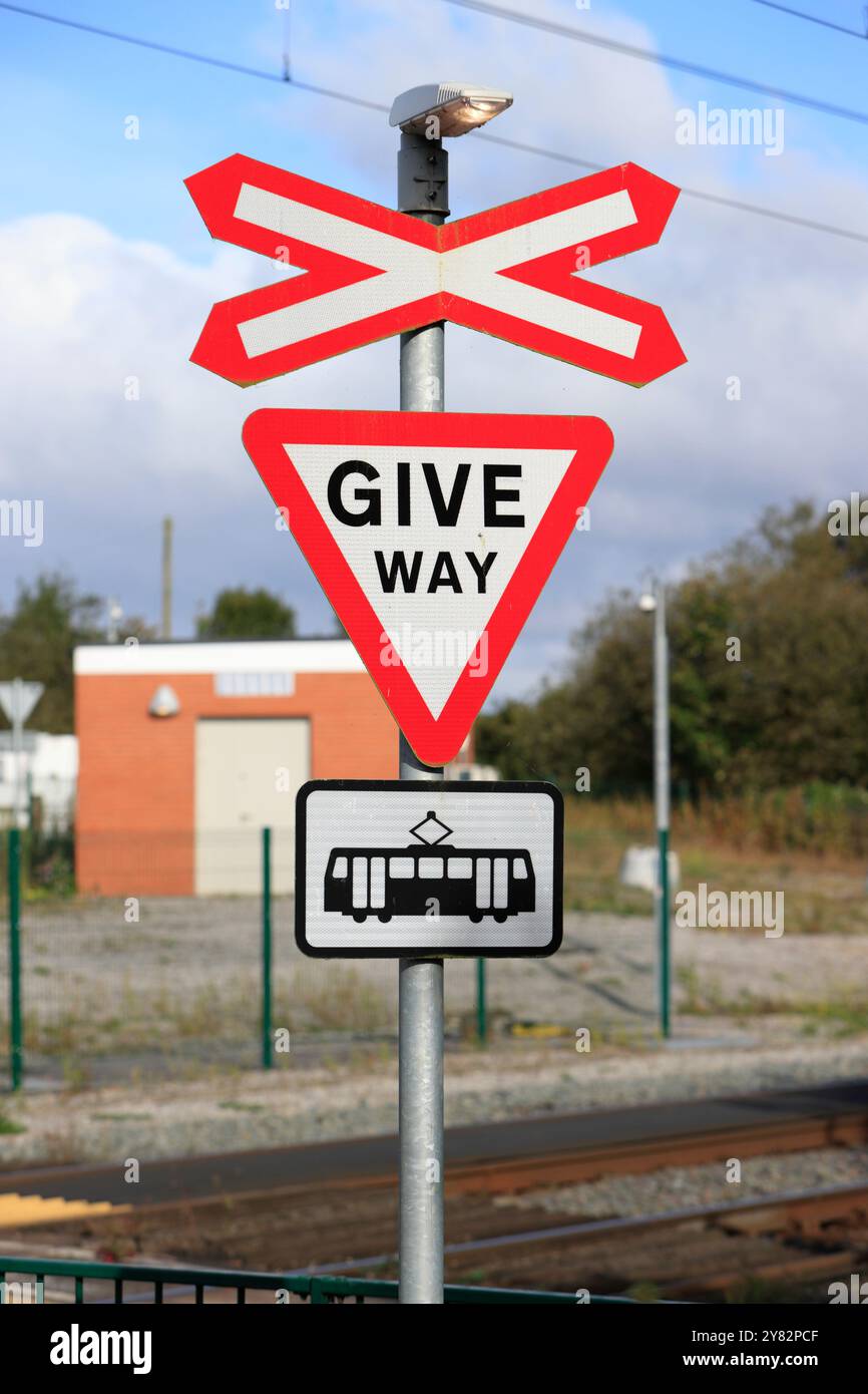 Tram crossing sign, not controlled with gate or barrier, give way ...