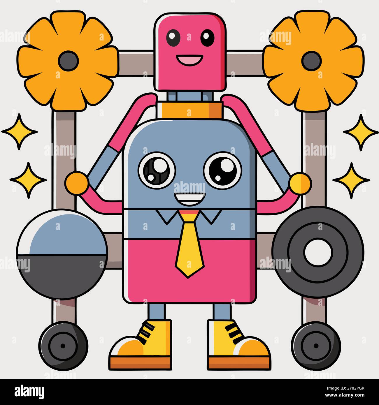 A cheerful robot wearing a tie stands with a confident smile. This ...