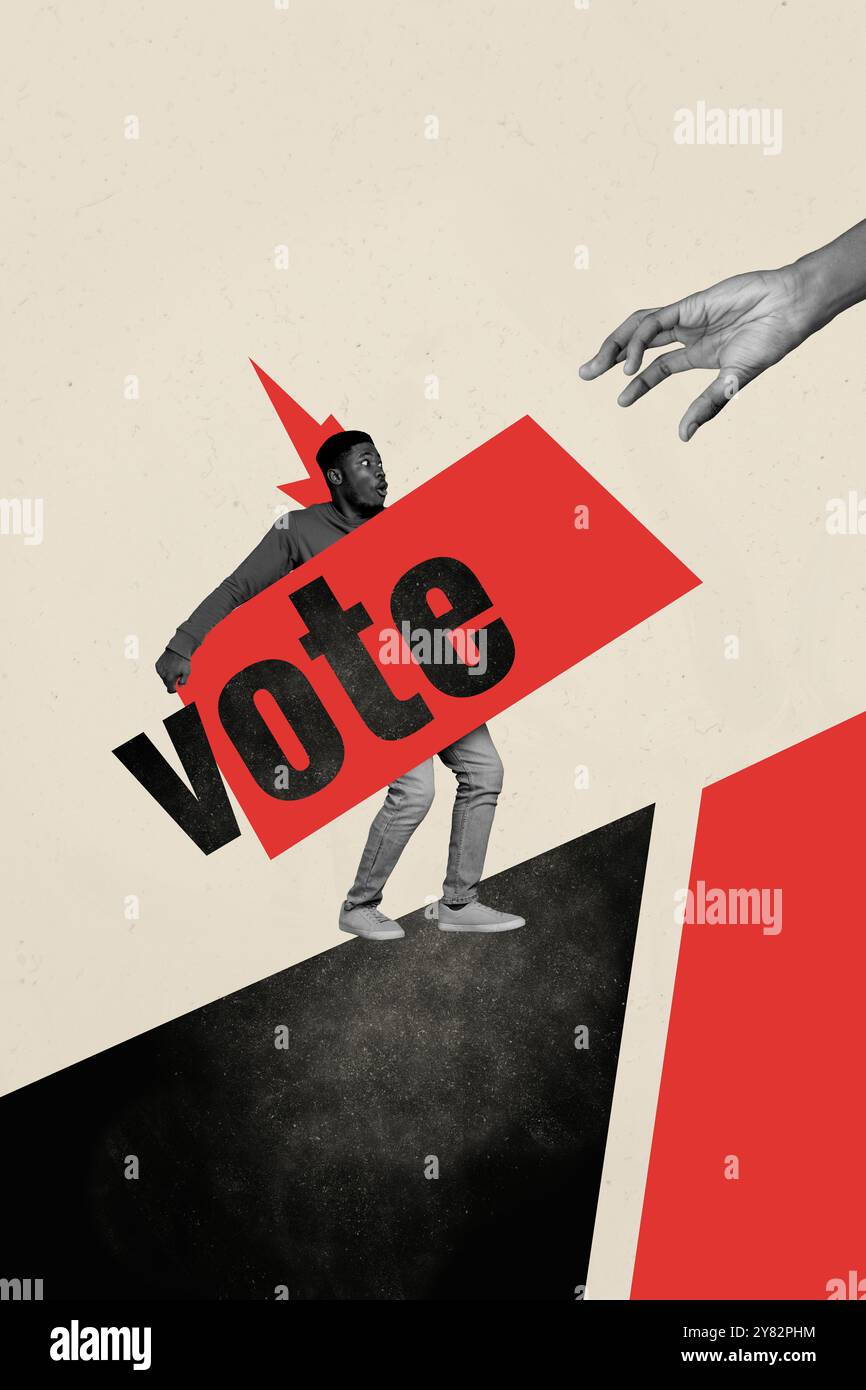 Collage poster image of funny young man hold bulletin vote election ...