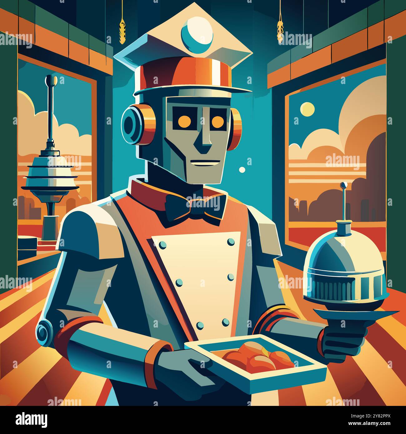 A friendly robot waiter in a futuristic setting serves food on a tray ...