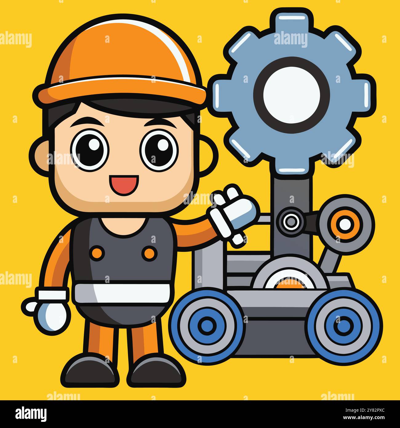A cheerful cartoon mechanic in a hard hat smiles proudly beside a large ...