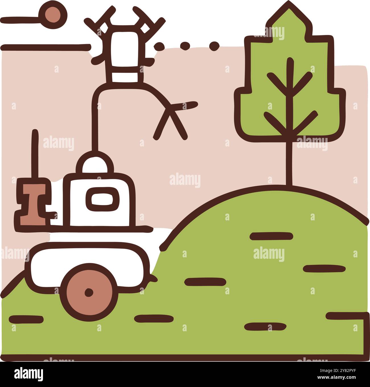 Cute illustration of a robotic rover exploring a green landscape with a ...