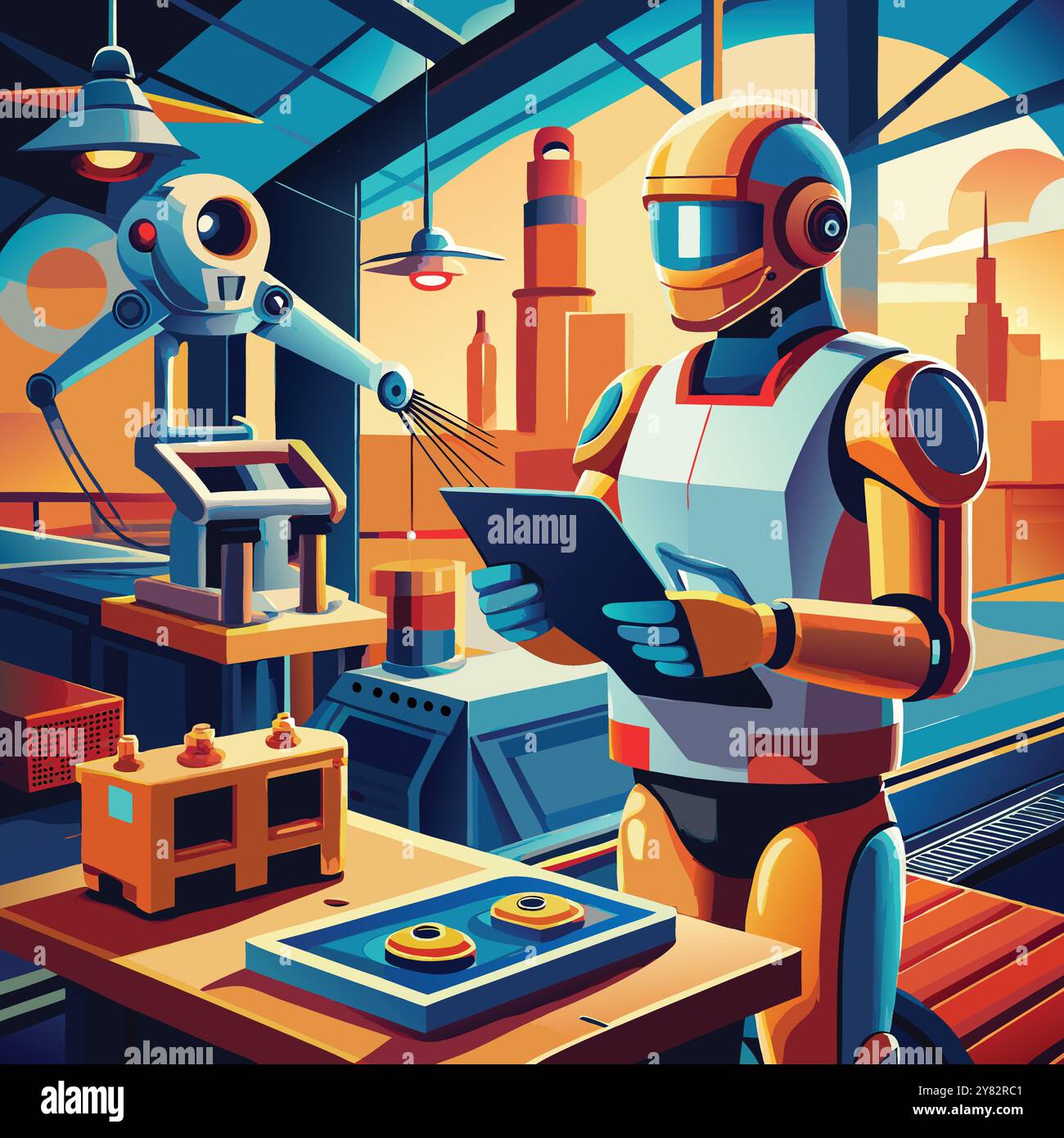 A Futuristic Robot Worker Oversees An Automated Production Line In A Factory Setting The