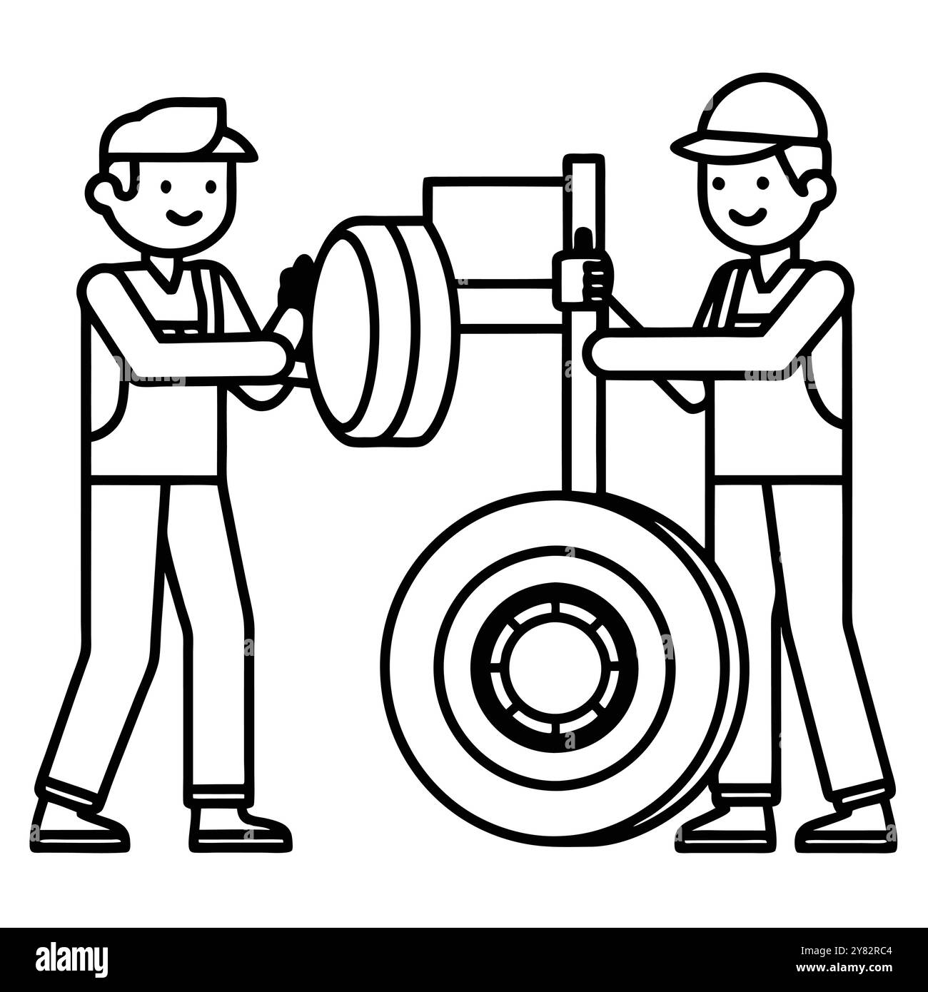 Two mechanics in uniform work together to change a tire on a car. The ...