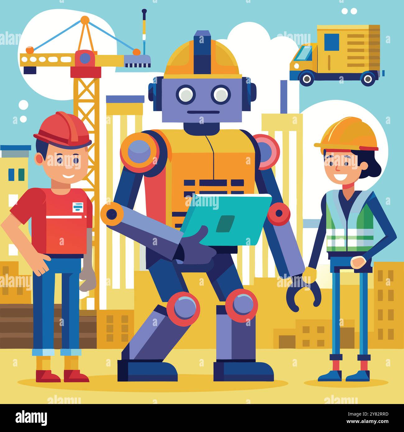A friendly robot in a hard hat stands with two construction workers ...
