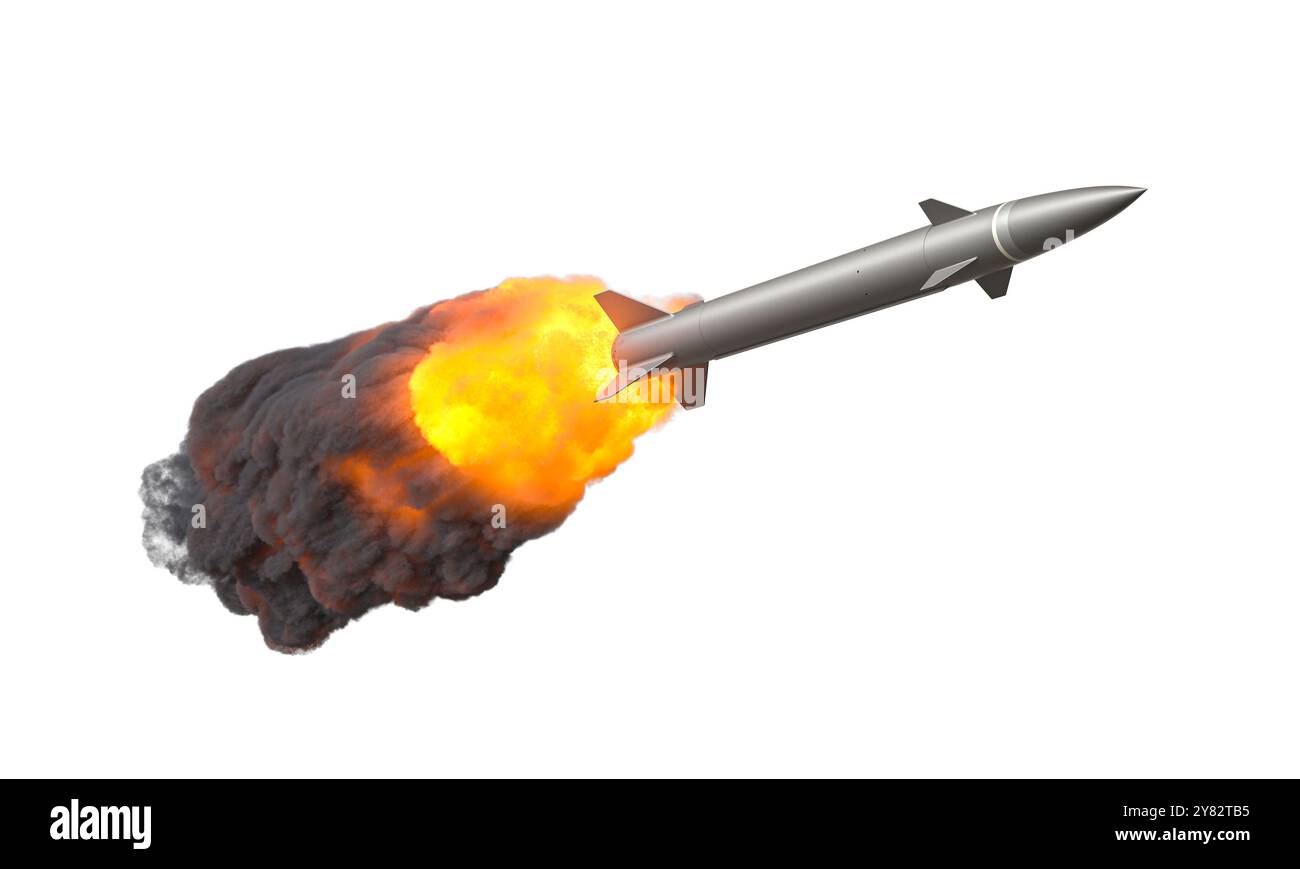 Ballistic missile is speeding leaving a trail fire and smoke isolated ...