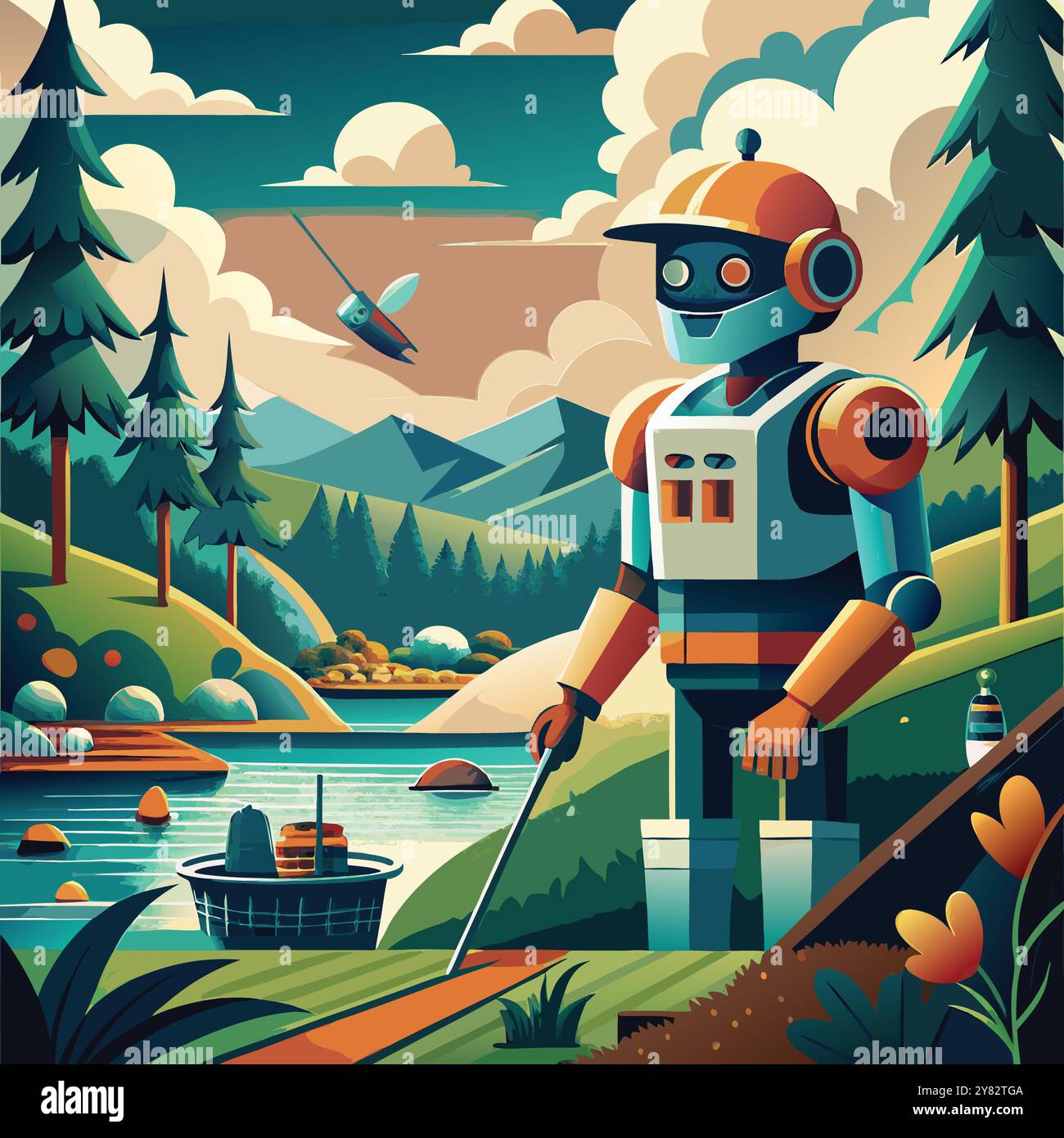 A friendly robot enjoys the serene beauty of a forest landscape ...