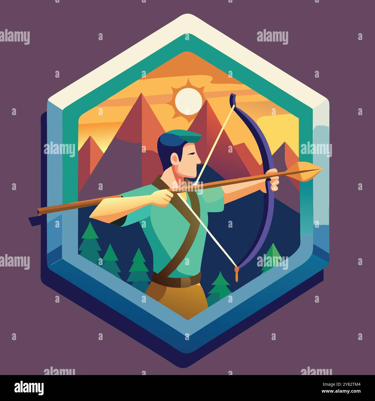 A stylized illustration of a man aiming a bow and arrow in a mountain ...