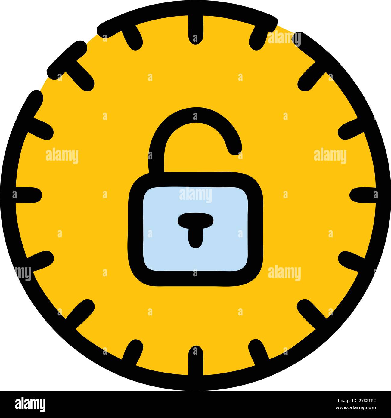 A simple. colorful icon depicting an open padlock inside a yellow ...