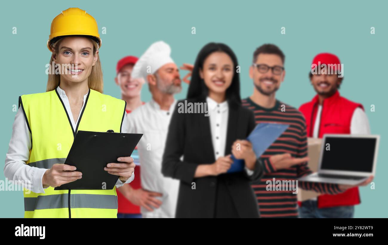 Engineer and people of other professions on turquoise background ...