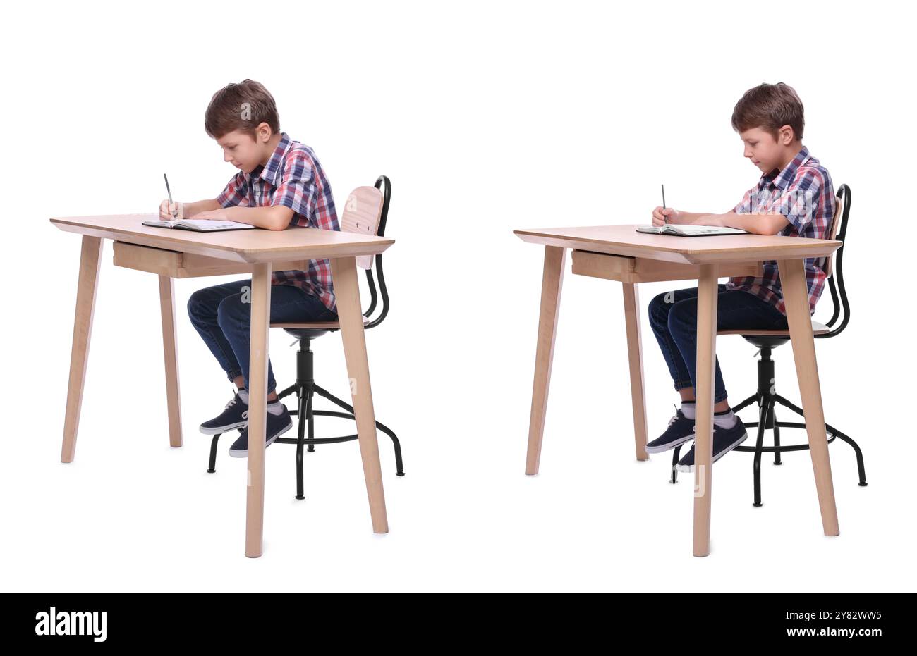 Good and bad posture, collage. Boy writing in notebook at wooden desk ...