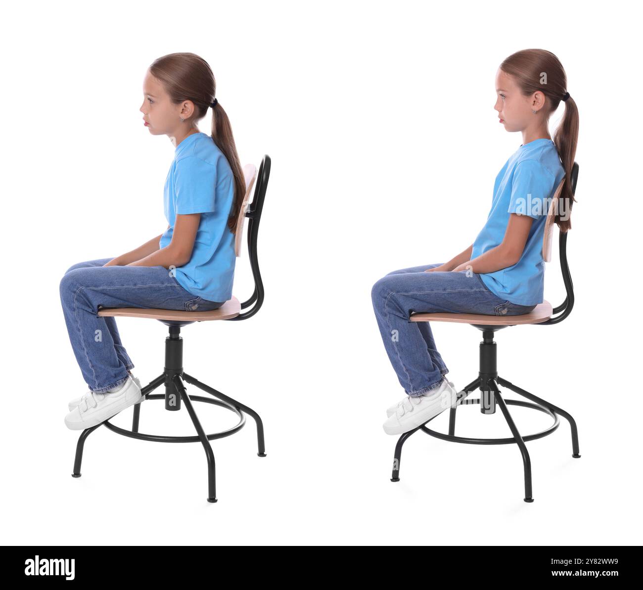 Good and bad posture, collage. Girl sitting on chair against white ...