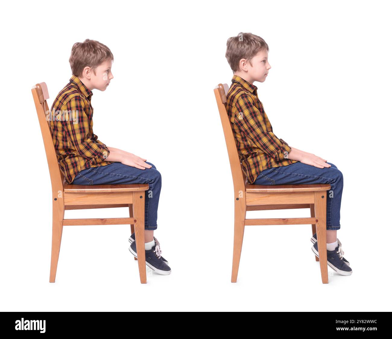 Good and bad posture, collage. Boy sitting on chair against white ...