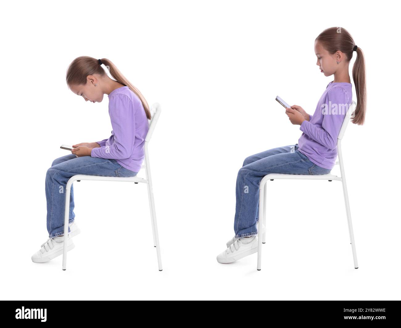 Good and bad posture, collage. Girl sitting on chair and using mobile ...