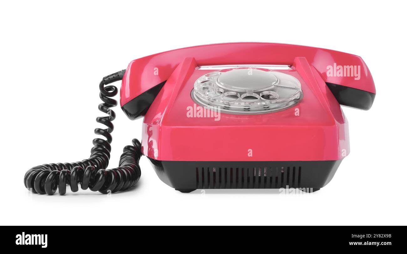 Old pink telephone with rotary dial isolated on white Stock Photo - Alamy