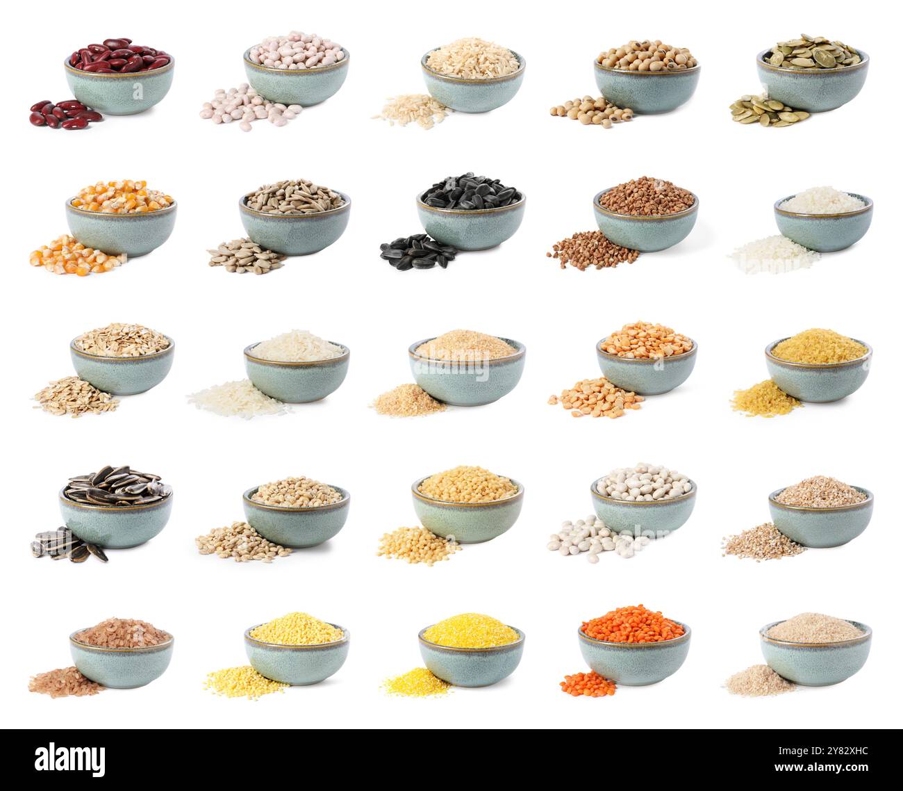 Different cereal grains, seeds and beans in bowls on white background ...