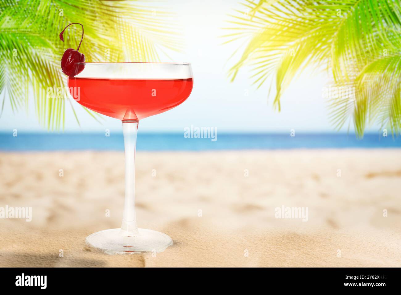 Summer beach with delicious cocktail, palm trees and golden sand, space ...