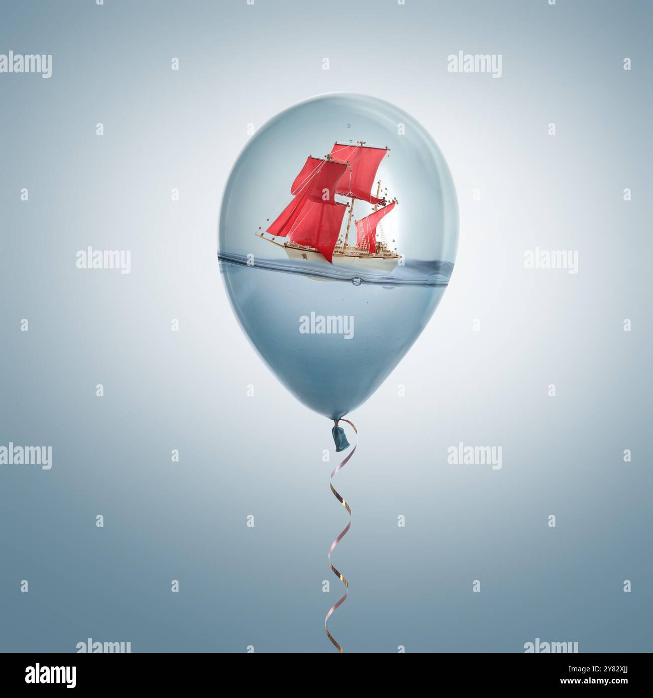 Ship floating on water inside balloon against light blue background ...