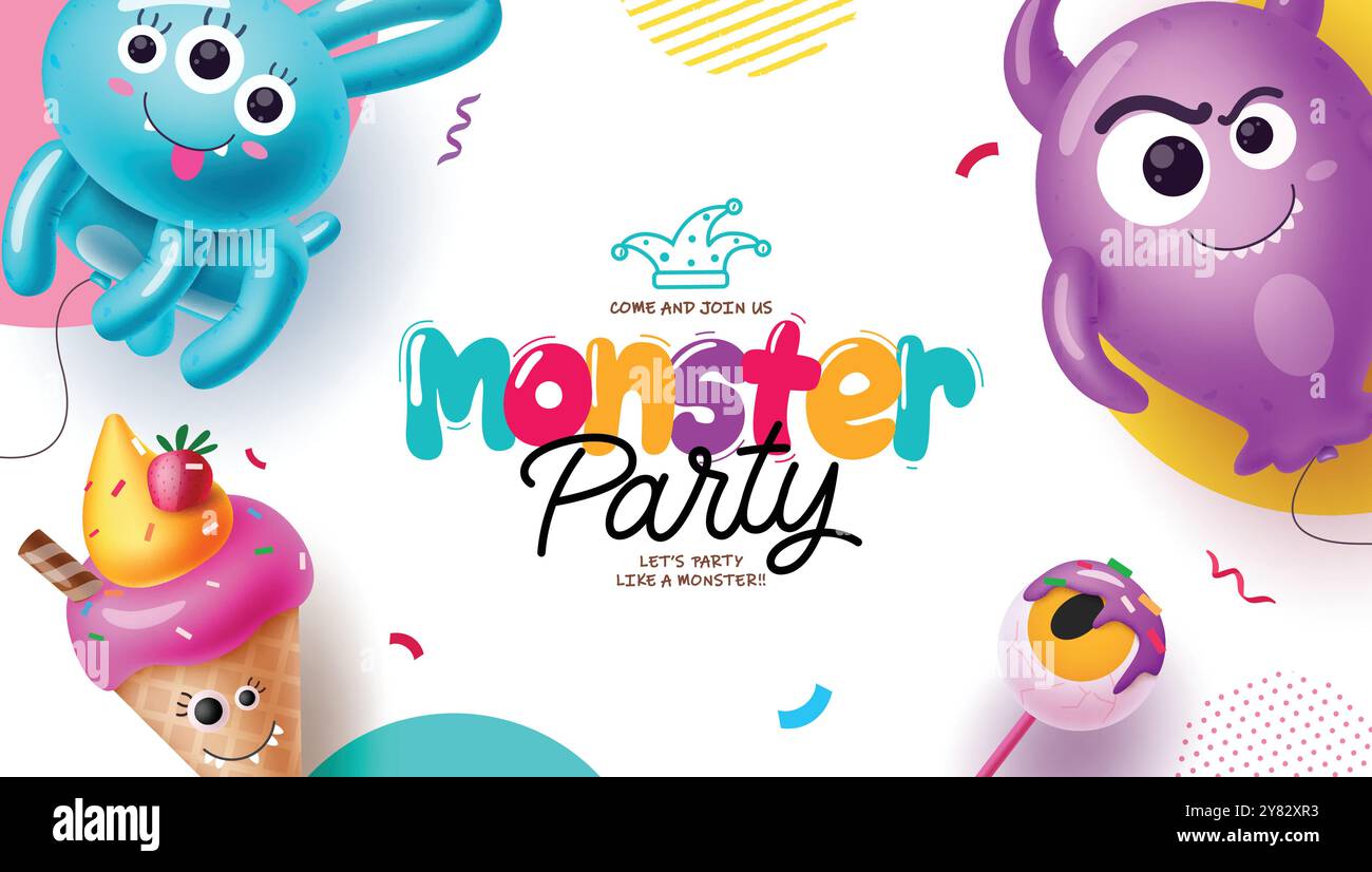 Monster party greeting vector design. Halloween monsters birthday theme ...