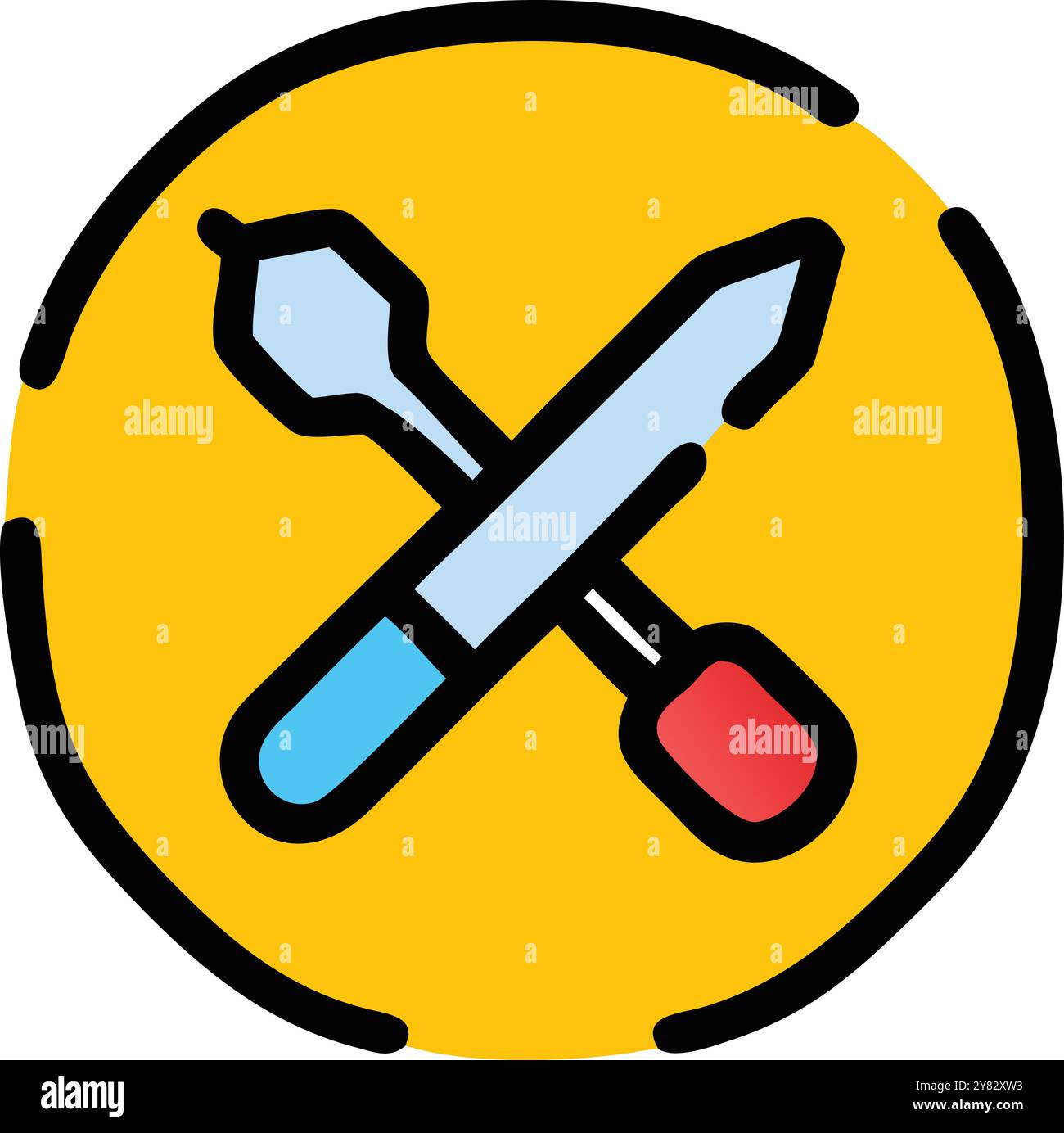 A simple and bold icon depicting a screwdriver and a nail crossed ...