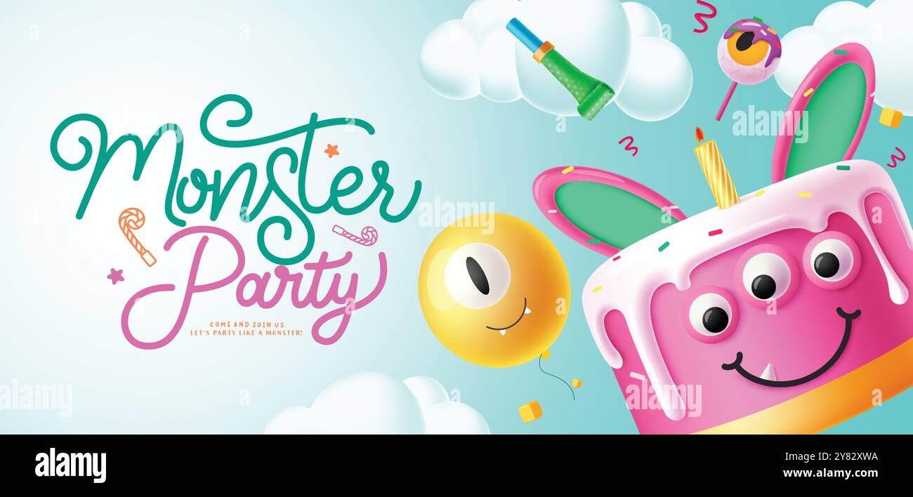 Monster party cake vector banner design. Halloween birthday invitation ...