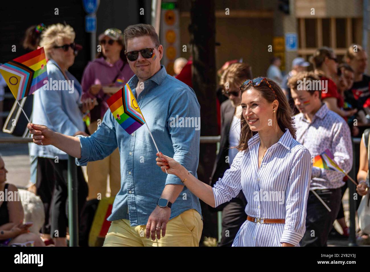 Former prime minister Sanna Marin and SDP chairperson Antti Lindtman at ...