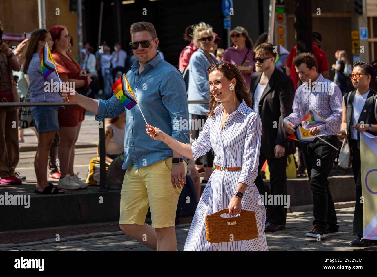 SDP chairperson Antti Lindtman and former prime minister Sanna Marin at ...