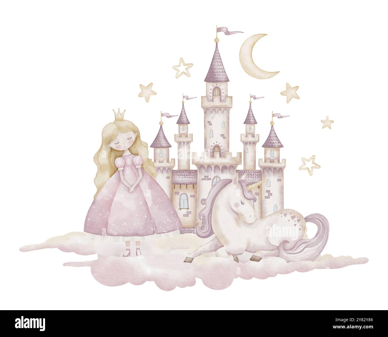 Watercolor Castle with Princess and Unicorn in pastel pink colors ...
