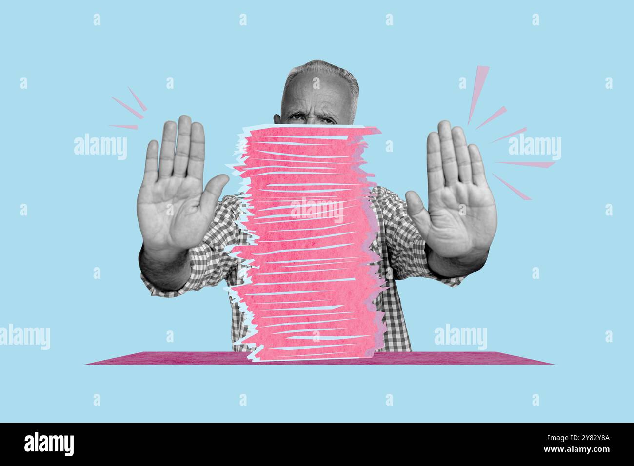 Creative collage image retired man grandfather palms hands stop gesture ...