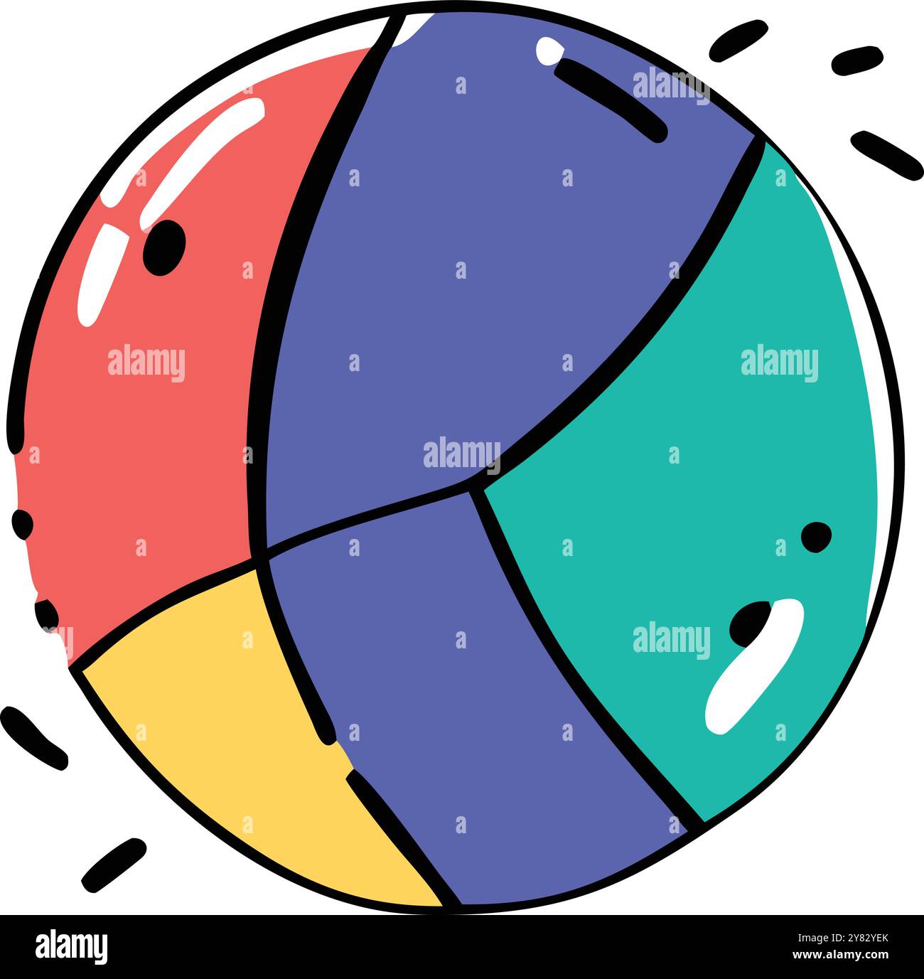 A playful. hand drawn illustration of a colorful ball with black ...