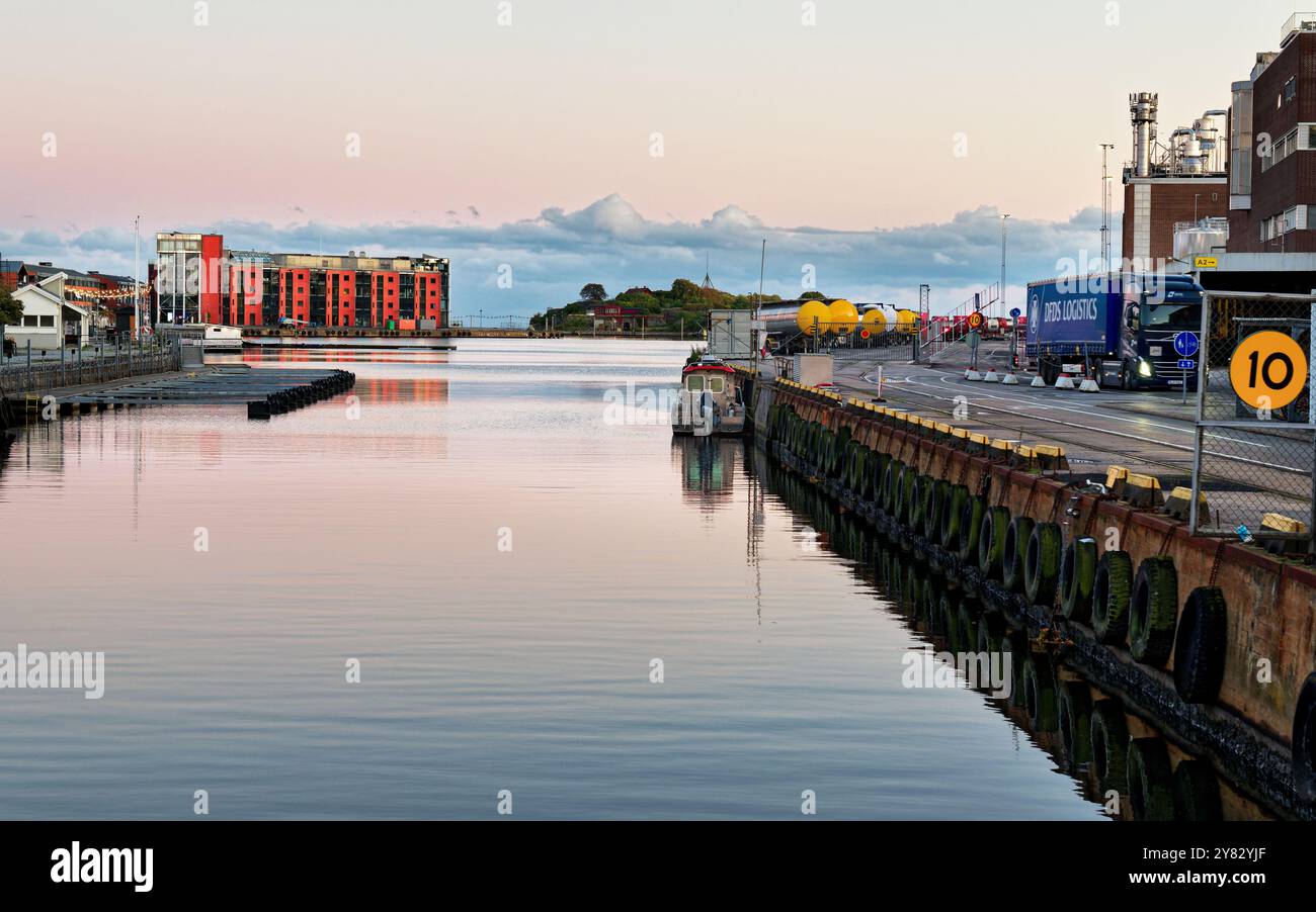 The "Mieån" river stream mouth and the city port of Karlshamn Stock ...