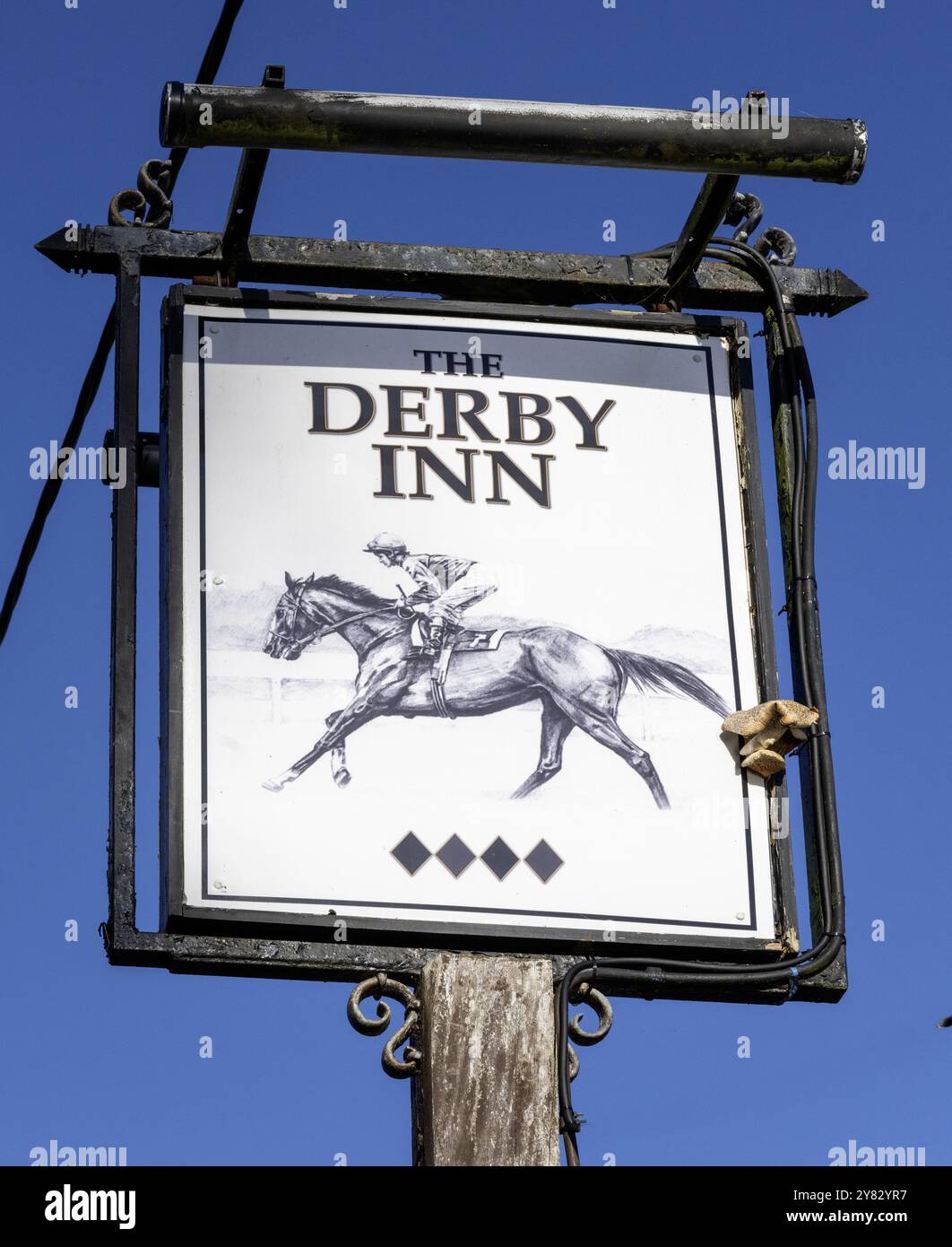 Traditional hanging pub sign at The Derby Inn - public house - Bartley Heath, Hook, Hampshire ...