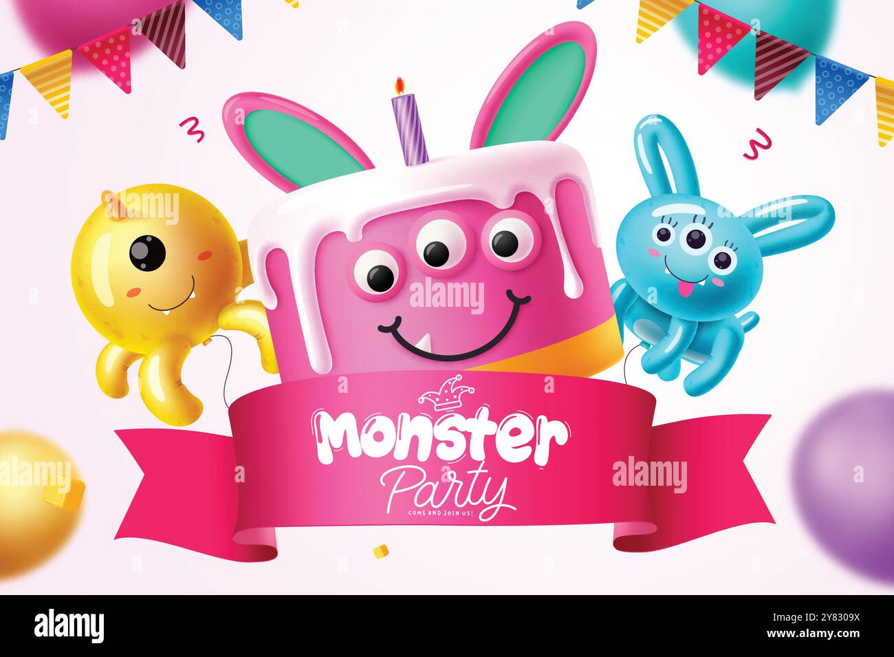 Monster party greeting vector template design. Birthday greeting text ...