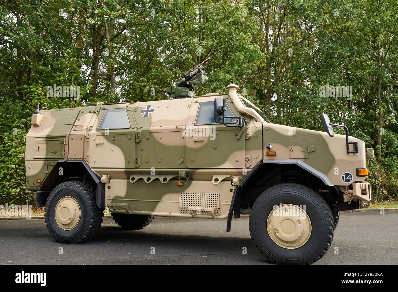 Volkach, Bavaria, Germany - 1 October 2024: Protected military vehicle ...