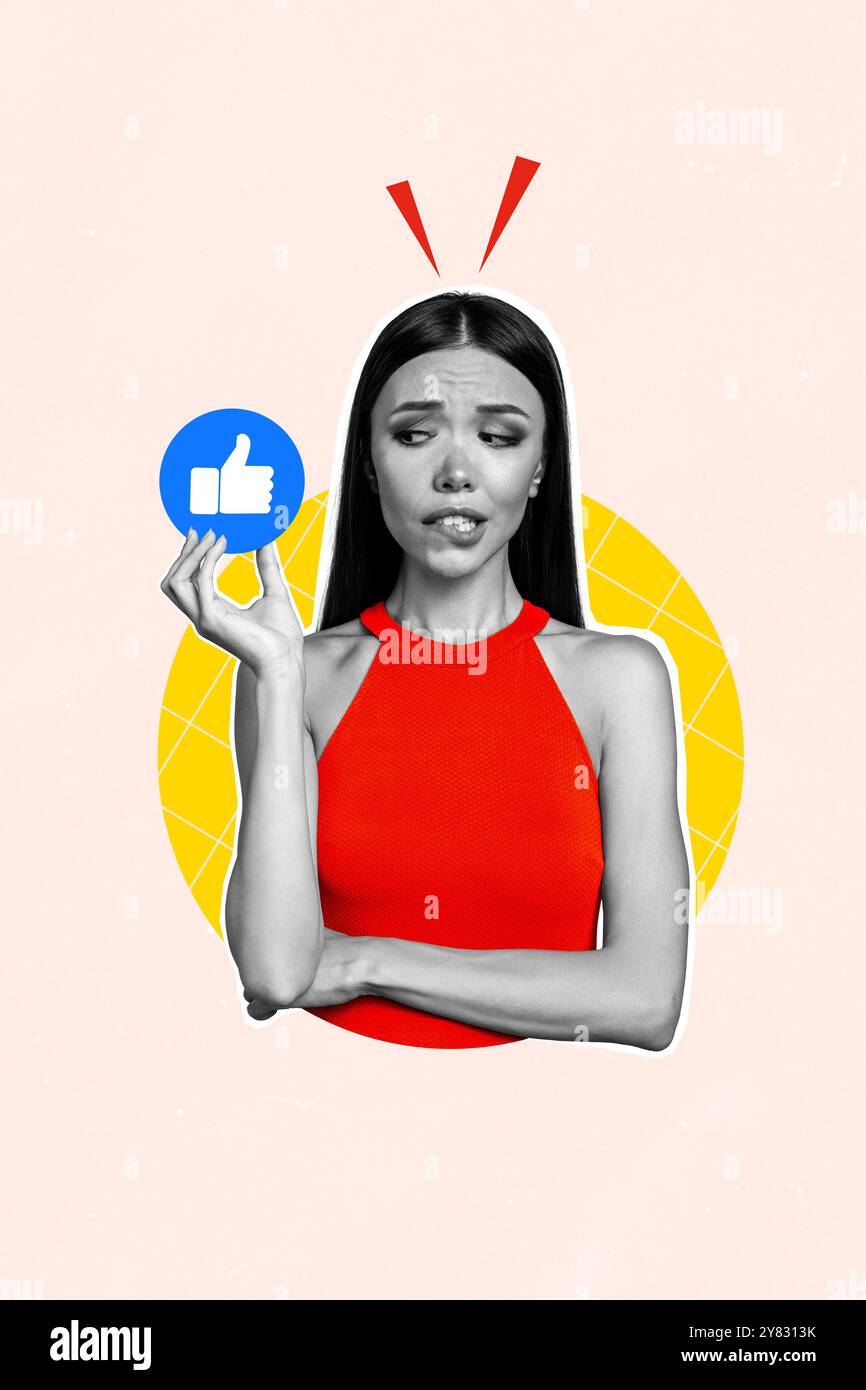 Vertical photo collage of young girl blogger hold thumb up icon ...