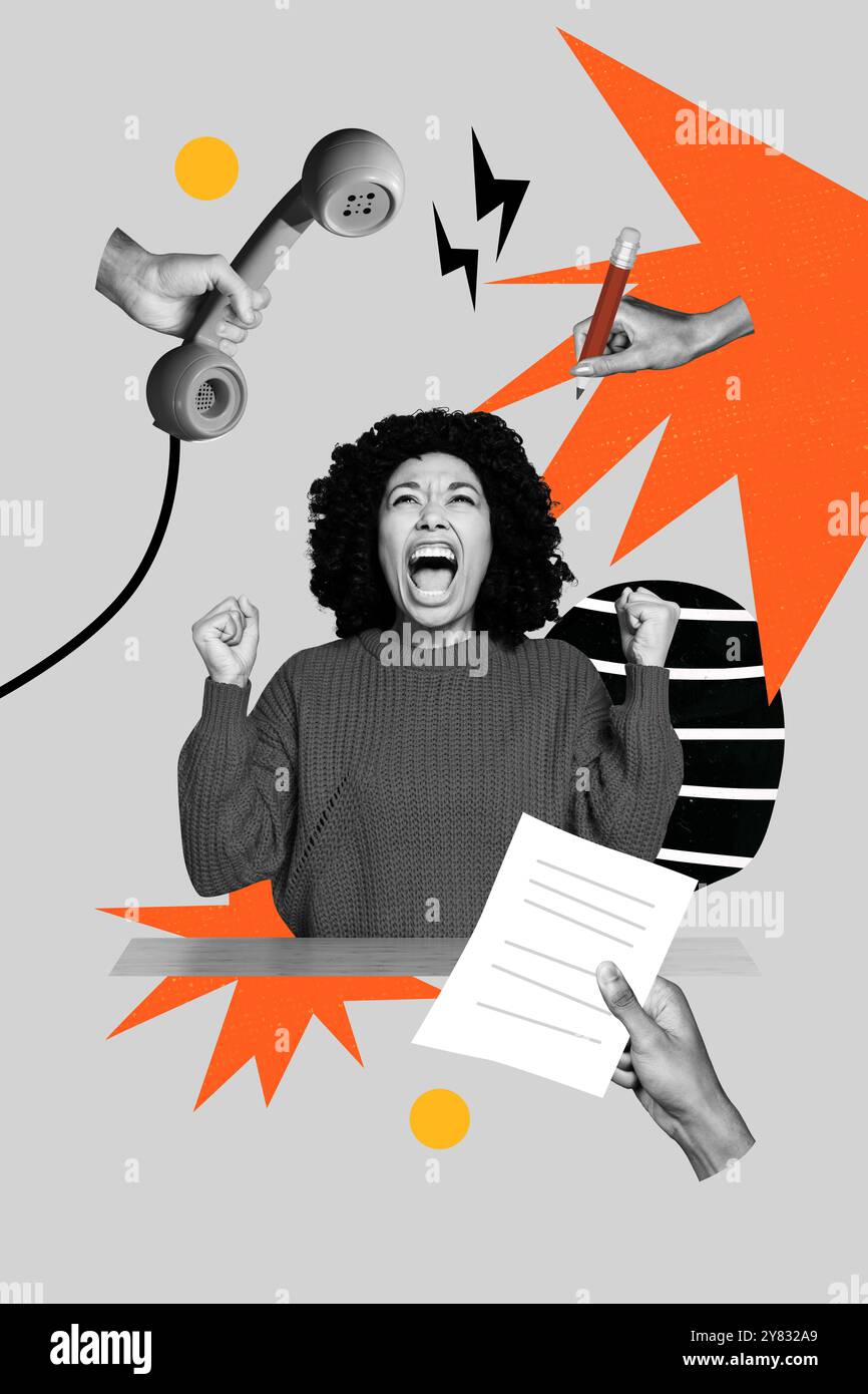 Vertical photo collage of angry american girl workload pressure hands ...