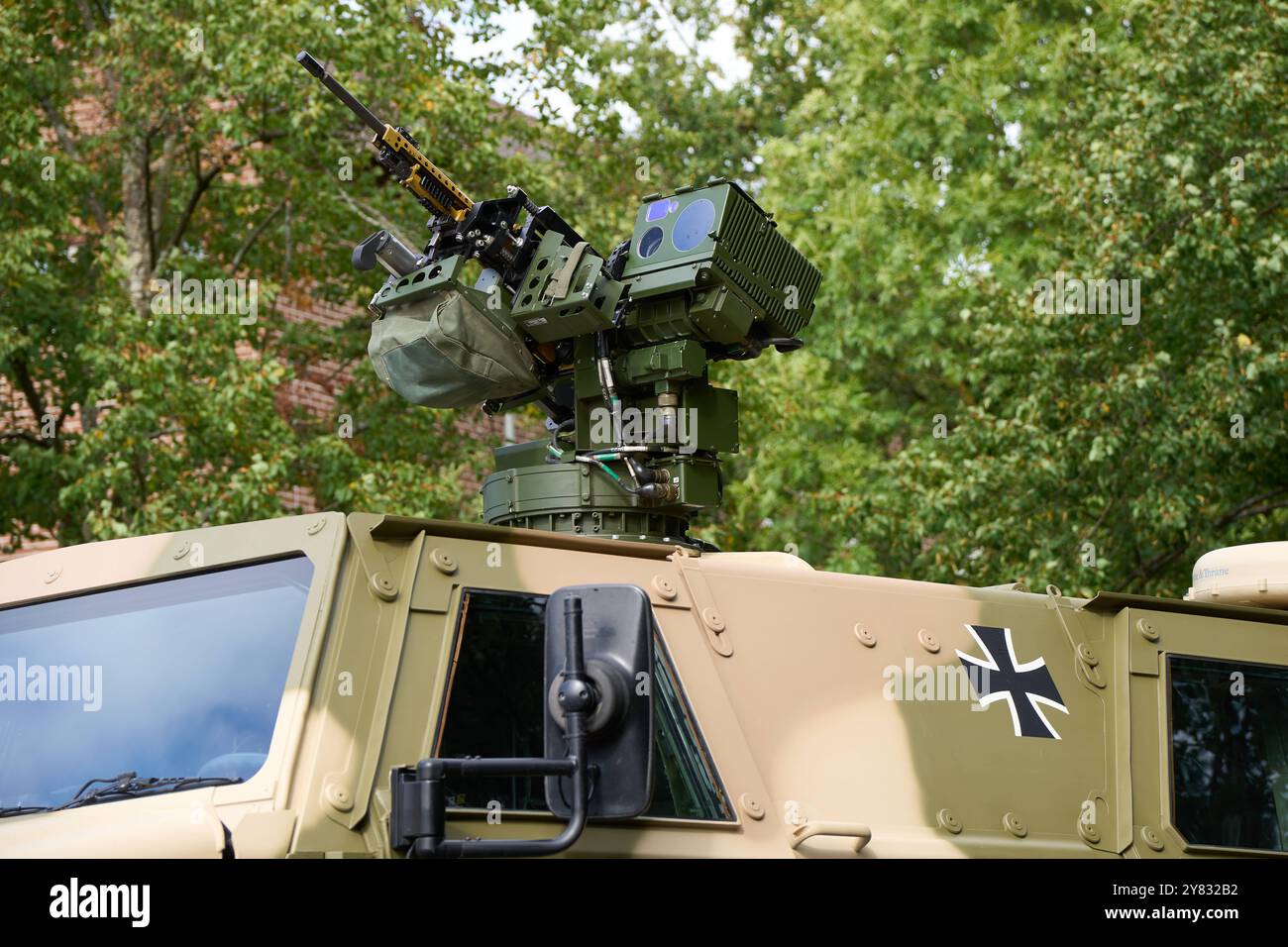 Volkach, Bavaria, Germany - October 1, 2024: Machine gun mounted on an ...