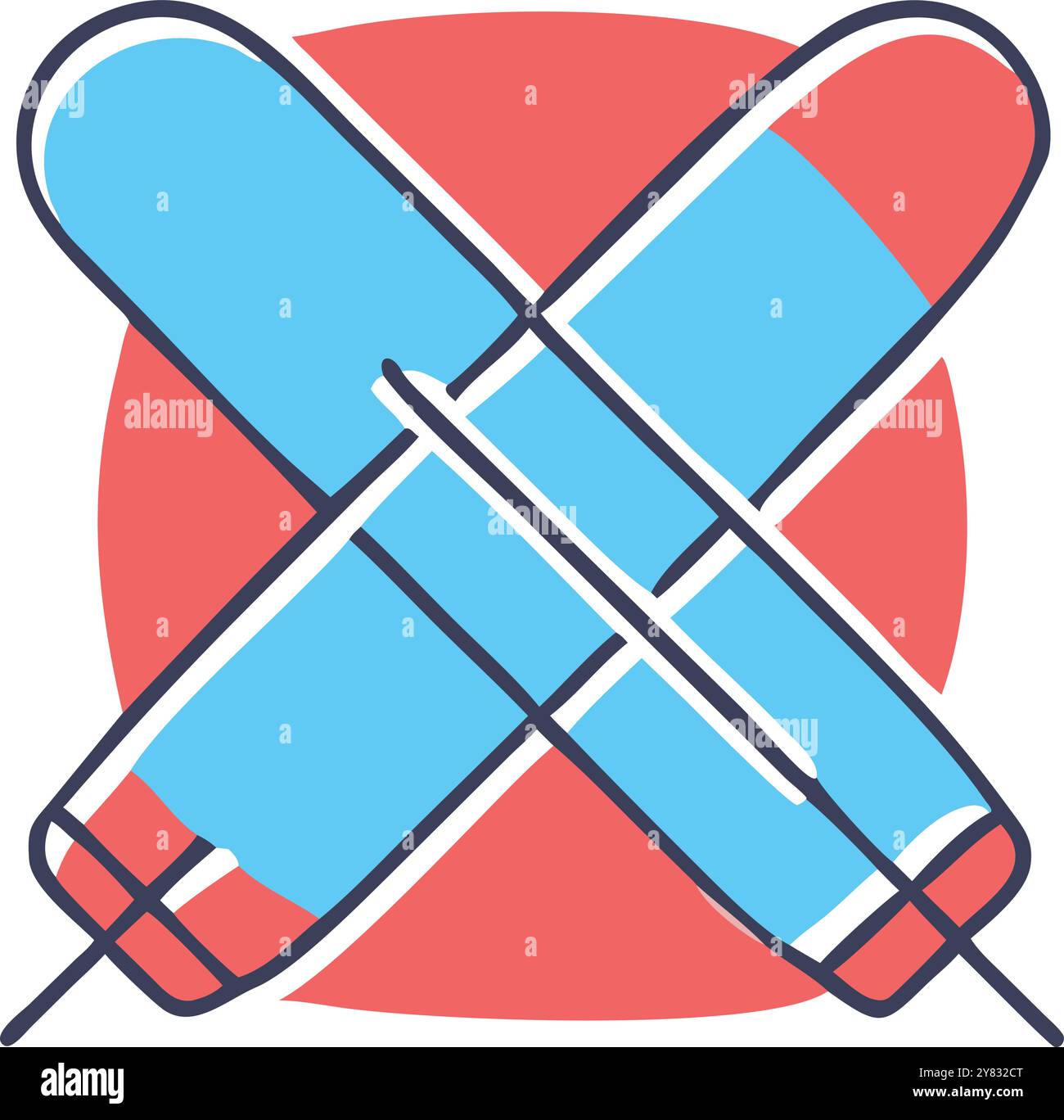 A simple and modern icon depicting two crossed skis on a red circle ...
